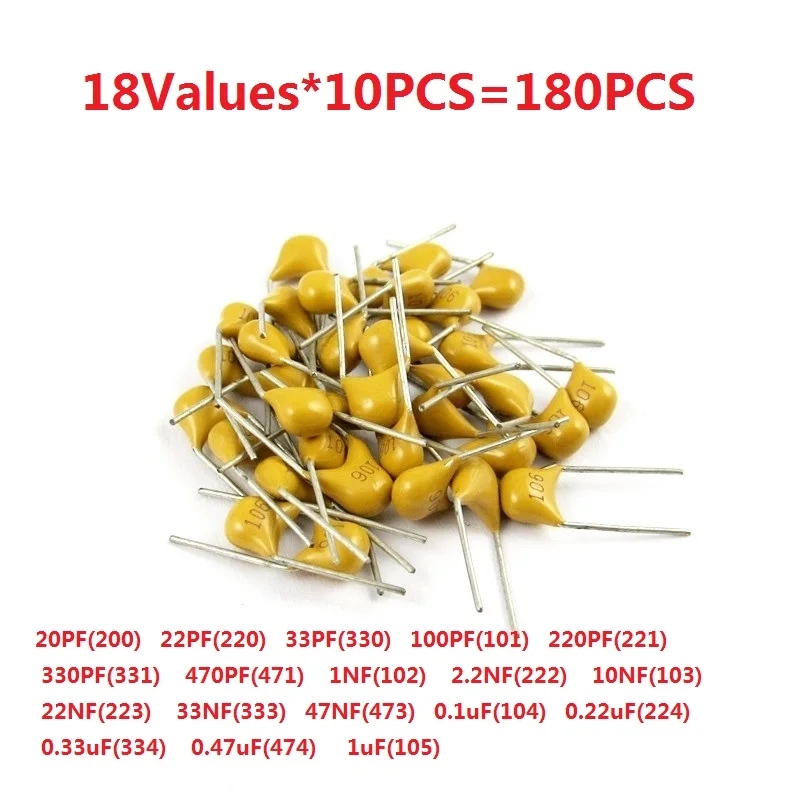 Capacitor Kit 180PCS=18values*10pcs Monolithic Capacitance Pack 101/103 ...