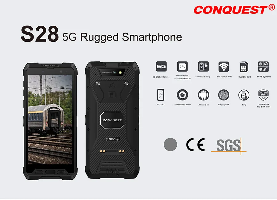 CONQUEST S28 5G IP68 Waterproof Rugged Smartphone Mobile Phone Fingerprint Face ID Android11 ...