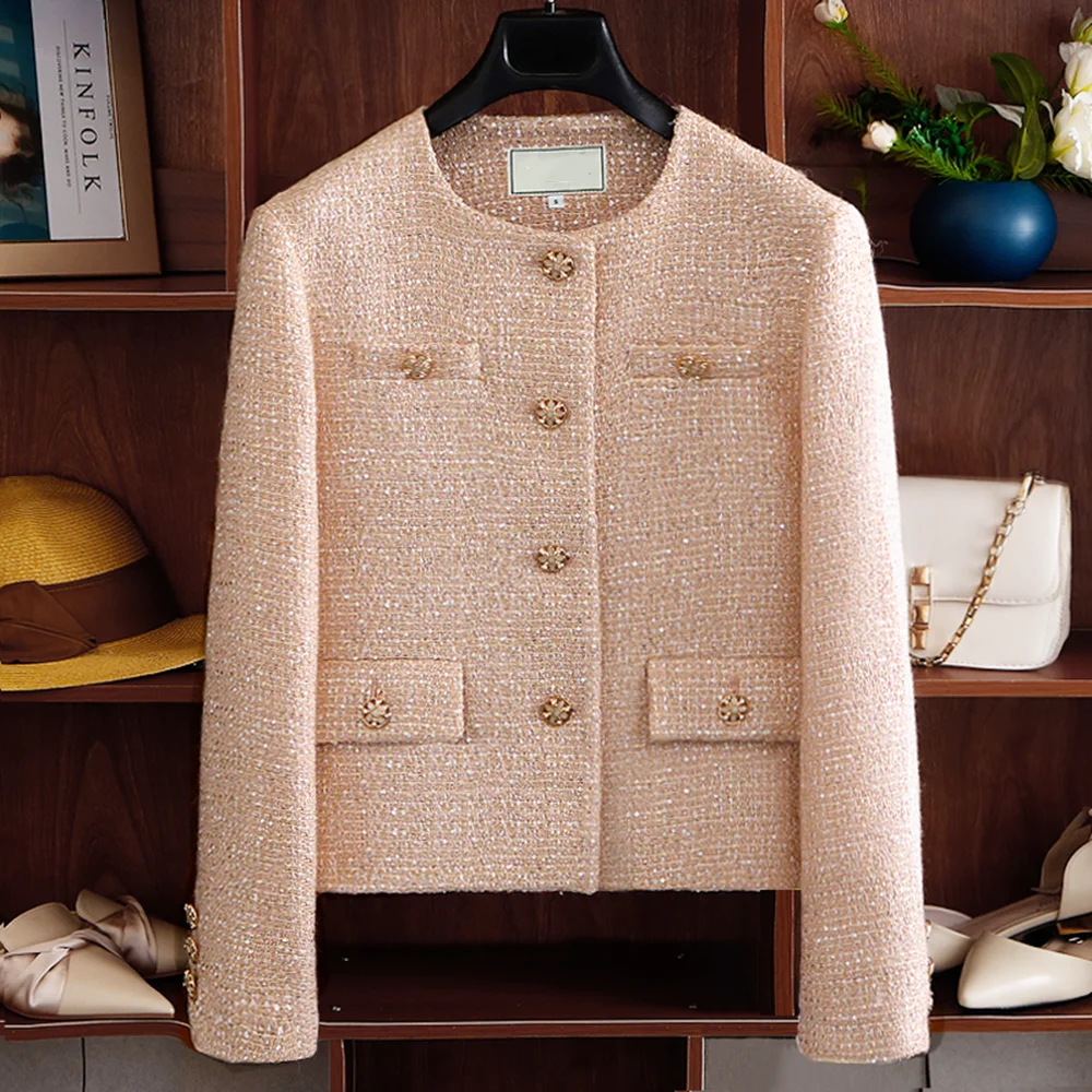 French Light Luxury Pink Tweed Jacket Women's Fall and Winter White ...