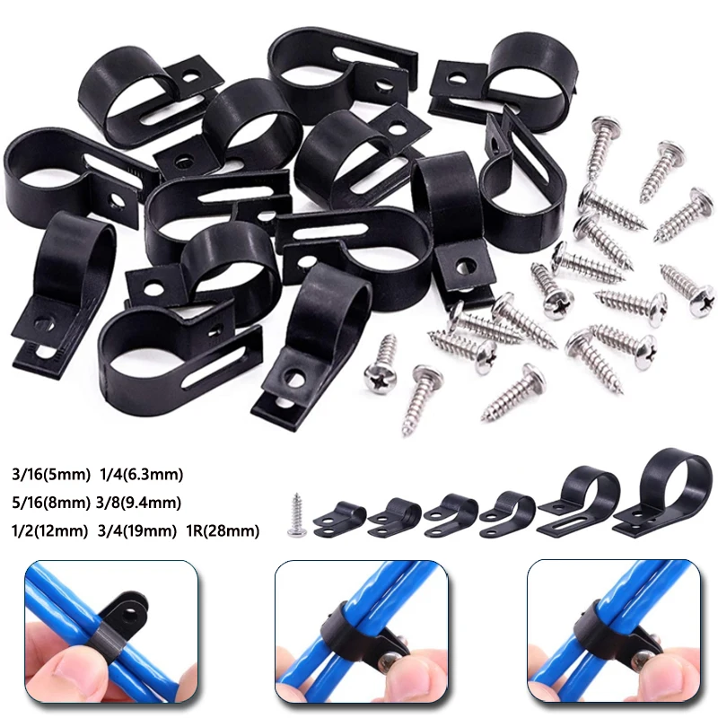 100pcs Black Nylon R shape Cable Clamp With Self tapping screw ...