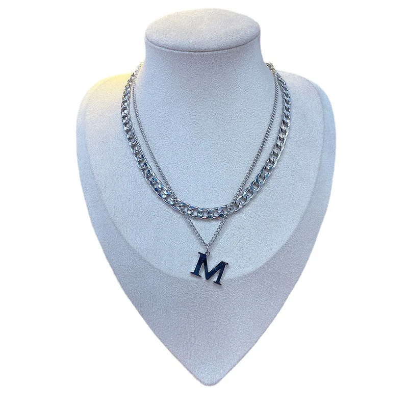 Personality letter M necklace double layered wear chain everything ...