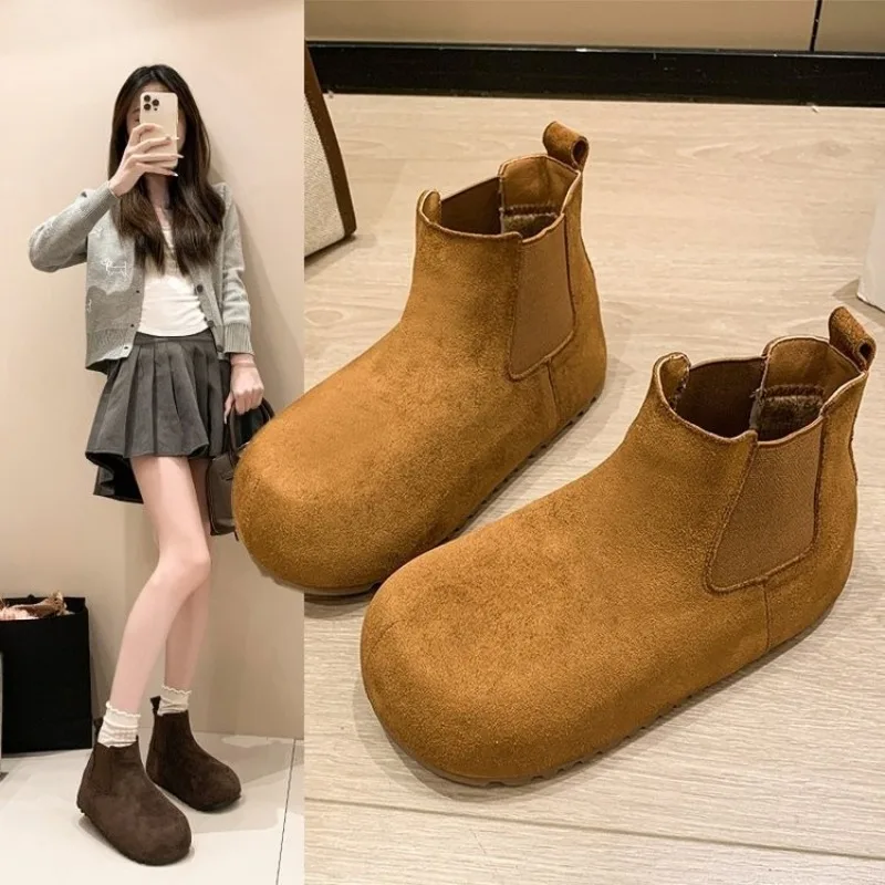 Suede Booties Autumn New Fashion Round Toe Sleeve Soft Sole Non-slip ...