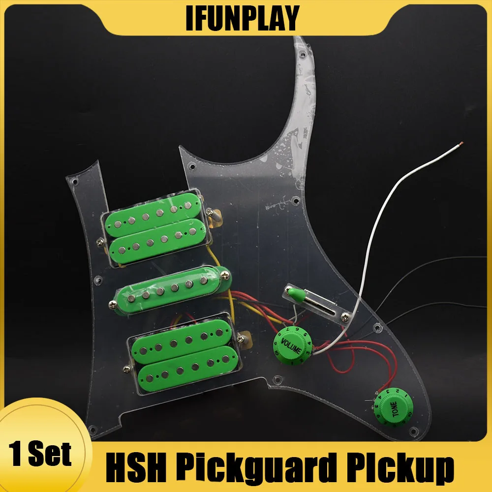 Transparent with Green HSH Loaded Electric Guitar Prewired Pickguard ...