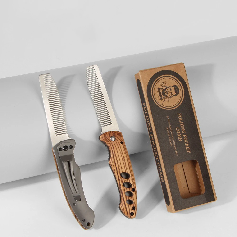 Stainless Steel Men's Pocket Comb Folding Wooden Beard Comb Hair Combs ...