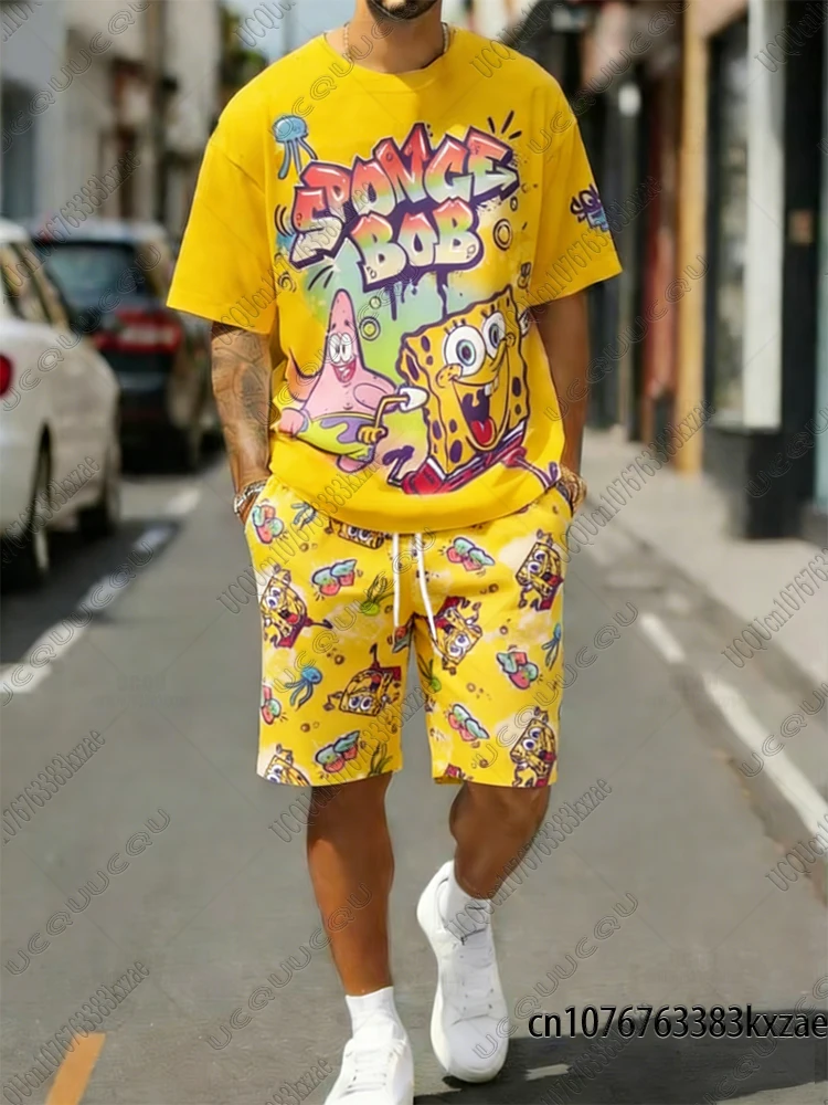 Summer New Cartoon Spongebob Print Tracksuit Sets Short Sleeve+Shorts ...