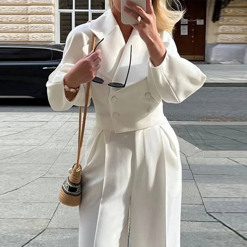 Women-s-White-Blazer-and-Pants-Set-Double-Button-Low-Neck-Jacket-High ...