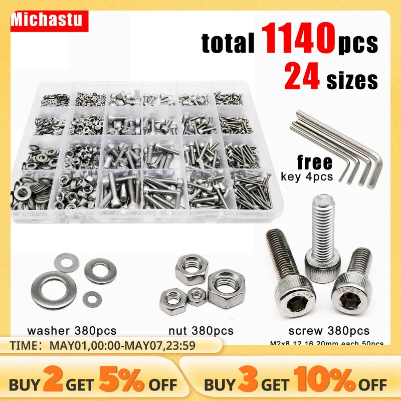 1140pcs-box-Hexagon-Hex-Socket-Cap-Head-Screw-Bolt-Nut-Washer-Key-Set ...