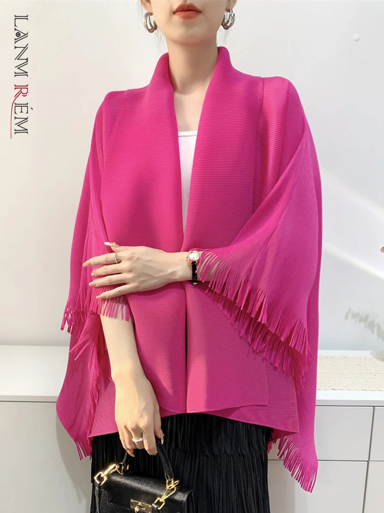 LANMREM-Casual-Pleated-Tassels-Ponchos-For-Women-Open-Stitch-Solid ...