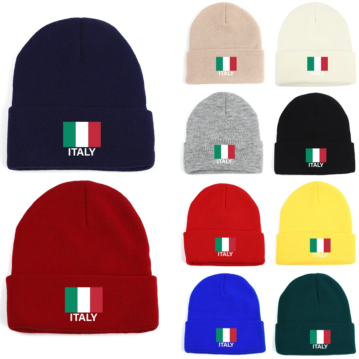 ITALY Flag Print Knit Hat Beanie Pompom Beanies Cuff Winter Thermal ...