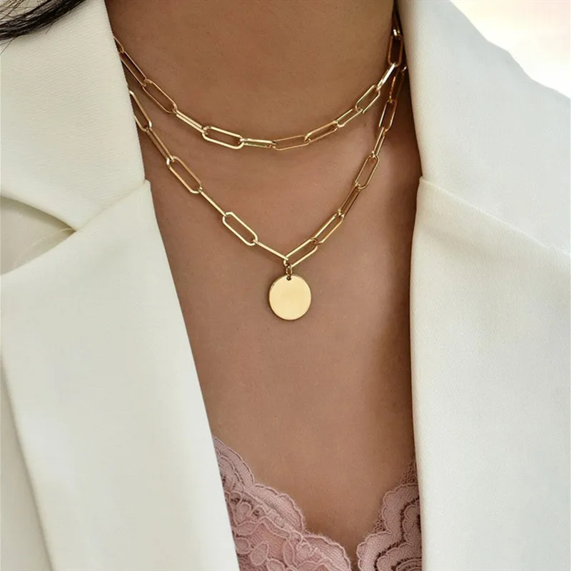 Vintage Gold Metall Layered Kette Halskette für Frauen Ästhetischen Runde Münze Anhänger Punk ...