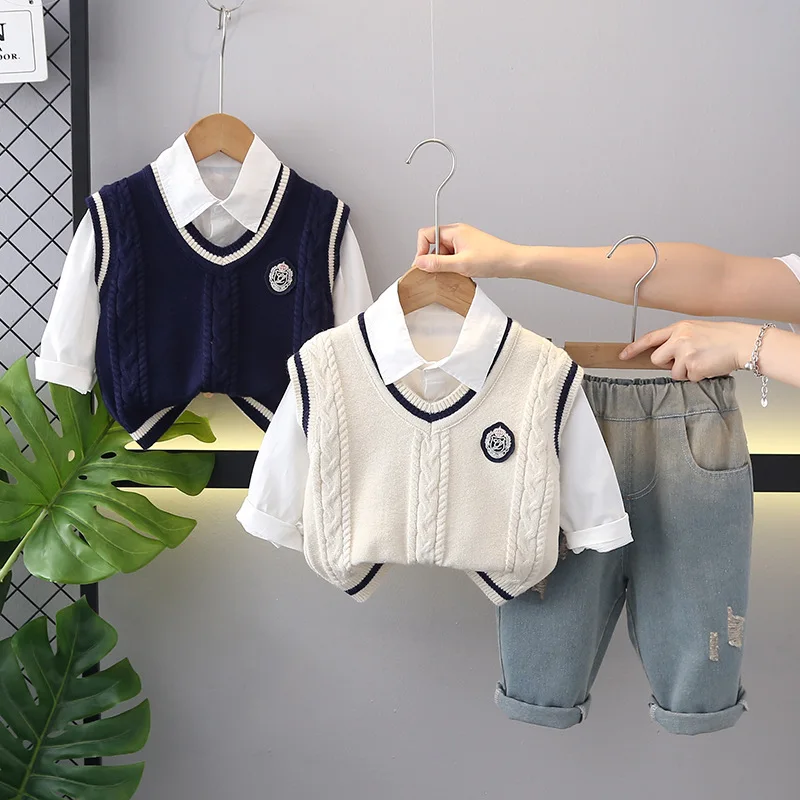 3Pcs Set Children Boys Outfit White Blouse Long Sleeve Knitted Vest ...