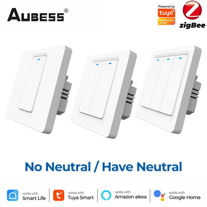 AUBESS Tuya Zigbee Smart Light Switch No Neutral Wire Required EU 1/2/3 ...