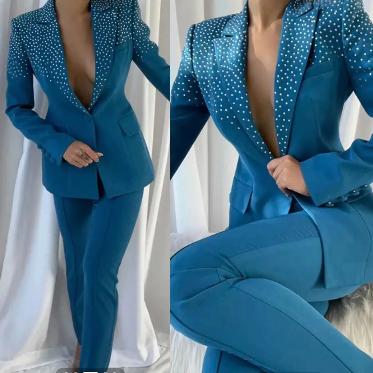 Sexy-Women-Suit-V-Neck-Lady-Set-Slim-Fit-Long-Sleeves-Peak-Lapel-2-Pcs ...