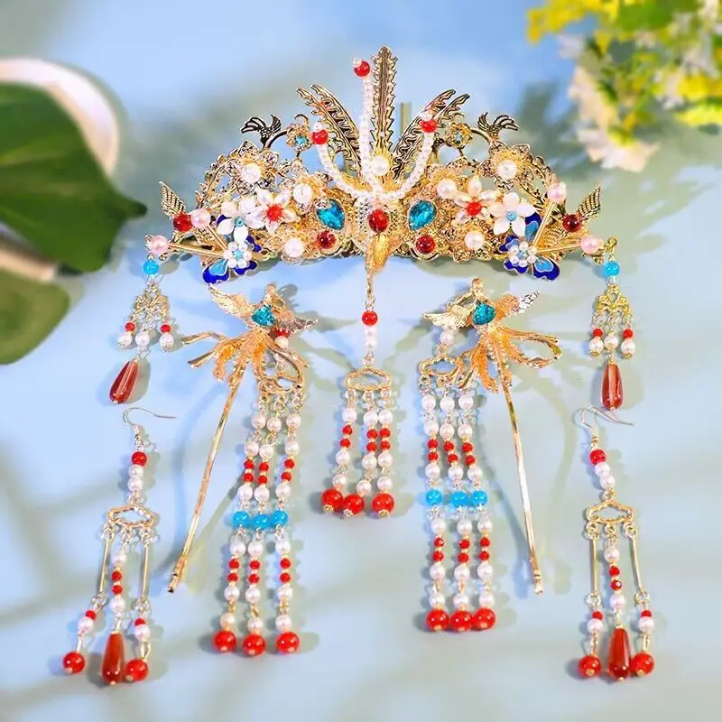 Womens Gold Plated Phoenix Hair Crown With Beads Tassel Set Chinese ...