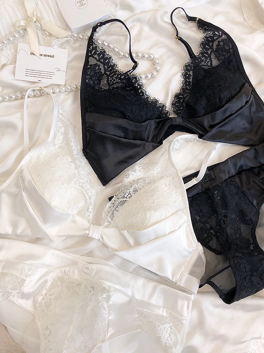 Lace satin sexy deep V lingerie no steel ring large size side breast ...