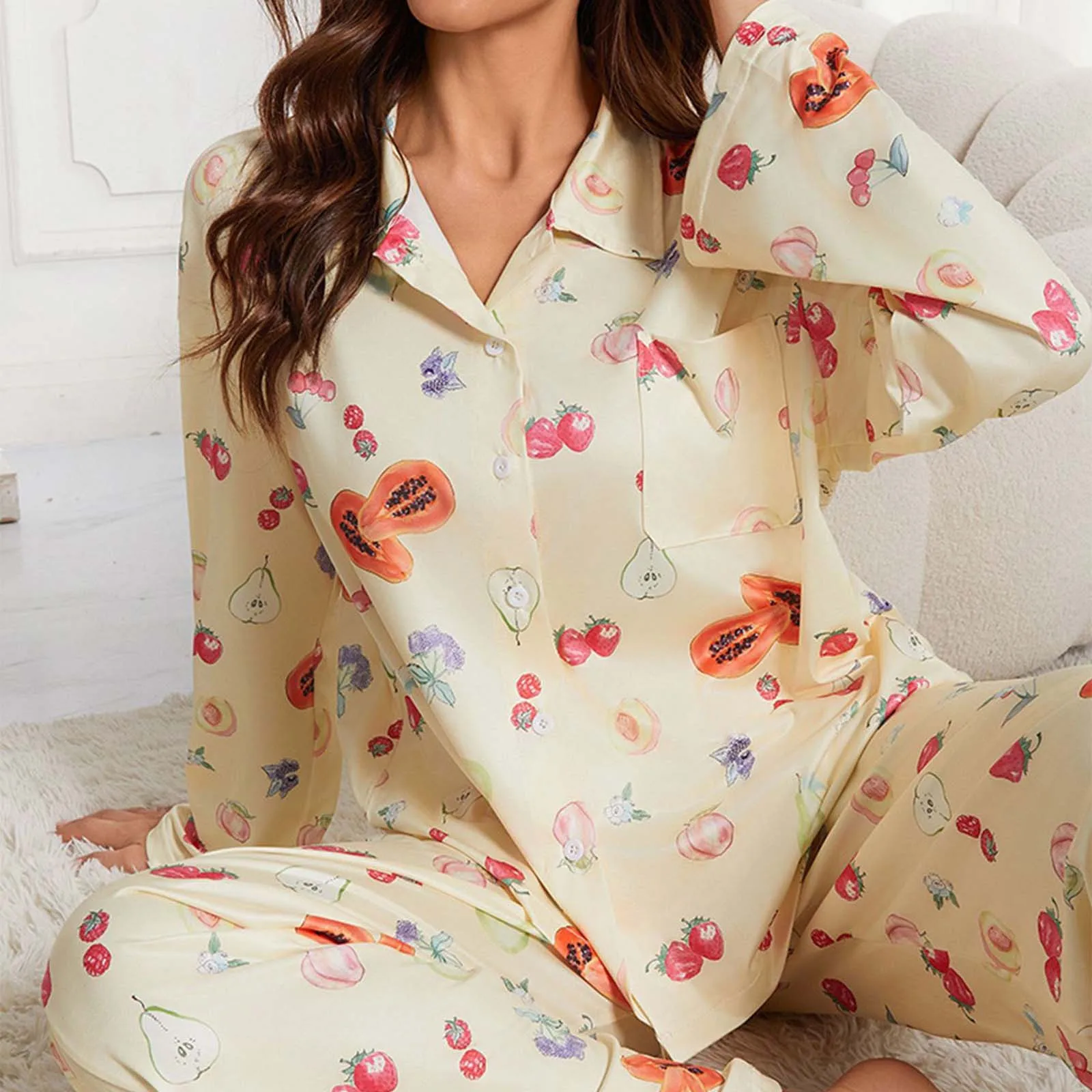 2024-Women-s-New-Casual-Pajama-Set-Long-Sleeve-Button-Shirt-Pocket ...