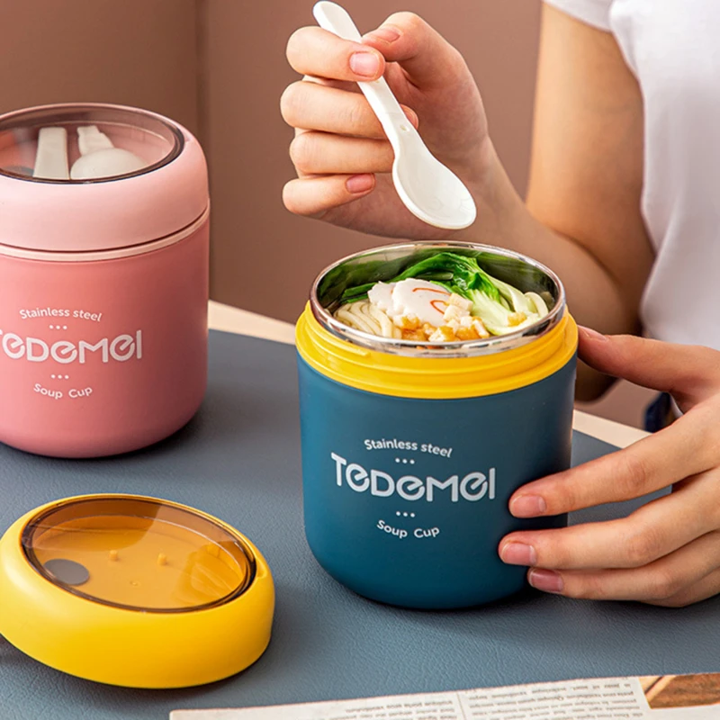 530/710ml Stainless Steel Lunch Box Drinking Cup With Spoon Food ...