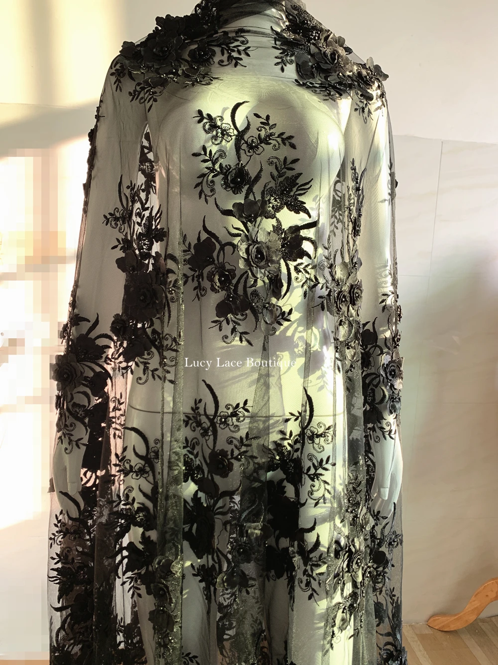 Black Beading Lace Fabric 3D Appliqued Florals Tulle Mesh Lace Dress ...