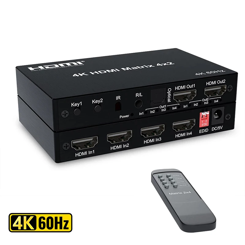 4K HDMI True Matrix Switch 2x4 4x2 Matrix HDMI Video Switch Splitter 2 In 4 out with Optical & R ...