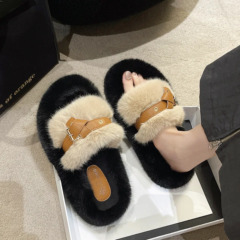 Fashion Designer Buckle band fur slippers women cozy mink fur slides ...