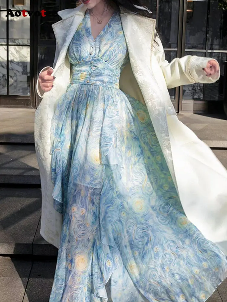 Aotvotee baskı Maxi elbiseler kadınlar için 2023 yeni moda Fairycore ...