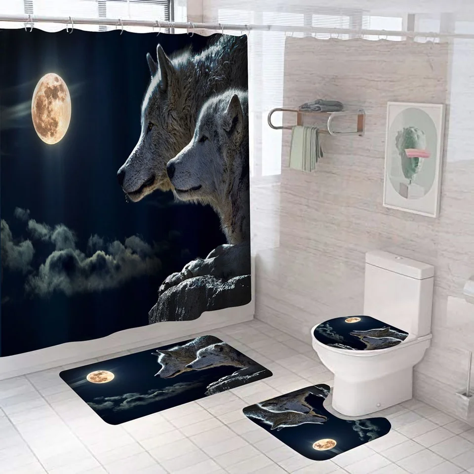 Wolf Bathroom Set 8 Colors Animal Shower Curtain Wolf Couple Art Print