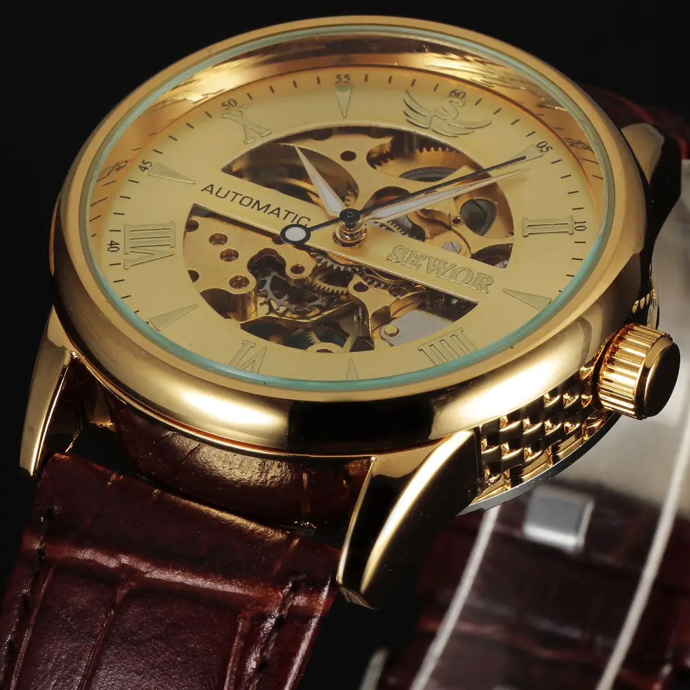2023-Sewor-Watch-Men-Gold-Skeleton-Watches-Leather-Band-Mechanical-Hand ...