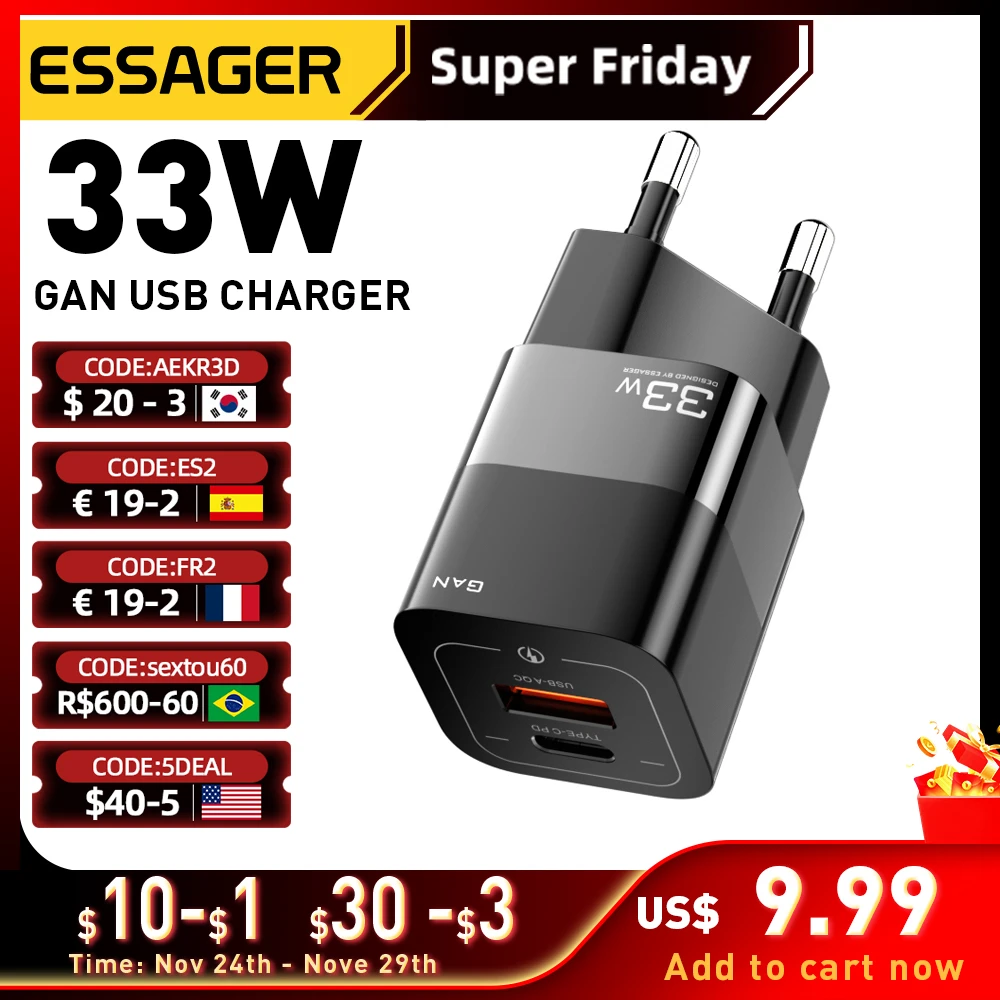 Essager Carregador com USB C para Notebook, Carregamento Rápido, GaN ...