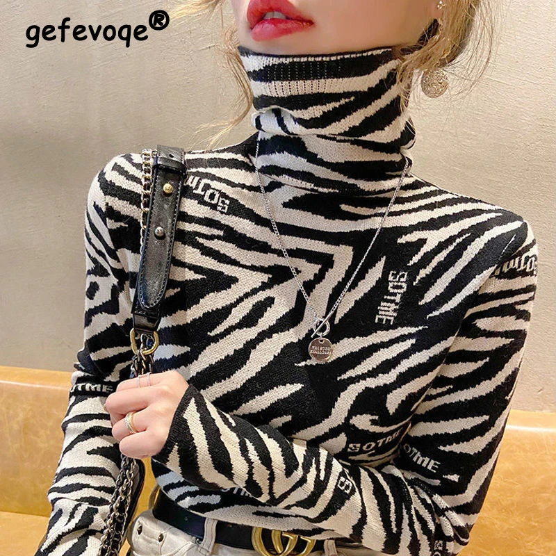 Novo-coreano-gola-alta-camisola-feminina-pul-ver-primavera-outono-leopardo-impress-o-manga-longa ...