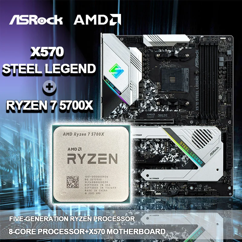 AMD Ryzen 7 5700X R7 5700X CPU + ASROCK X570 STEEL LEGEND Placa mãe ...