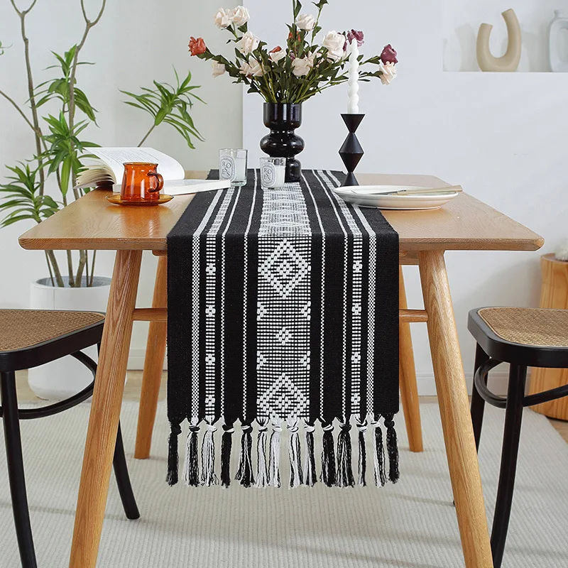 Cotton Table Runner Tassel Black Stripe Splicing Path Woven Wedding ...