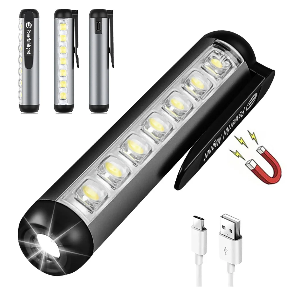 USB-Rechargeable-Mini-LED-Flashlight-with-Clip-Magnet-Work-Light ...