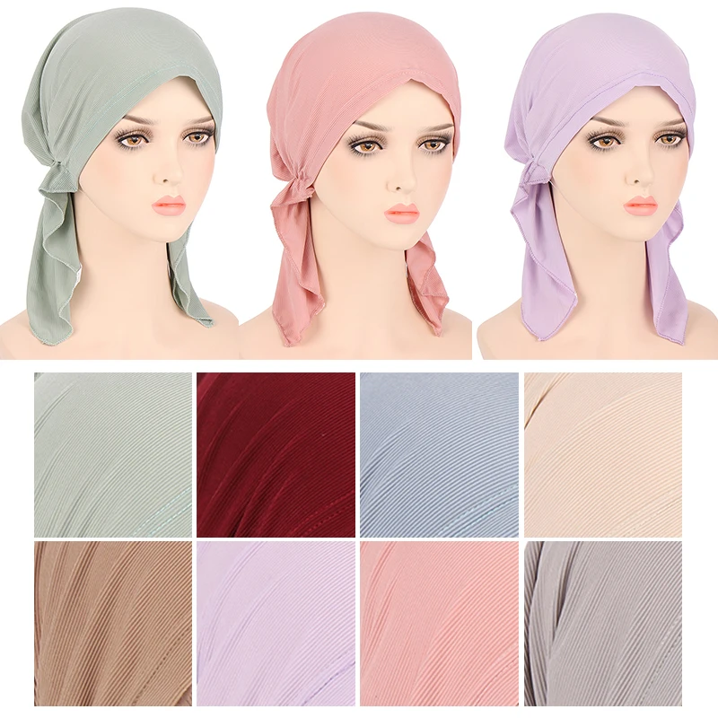 New Muslim Hat Women Solid Color Head Scarf Headwrap Two Tail Turban Hat Chemotherapy Hats Arab ...