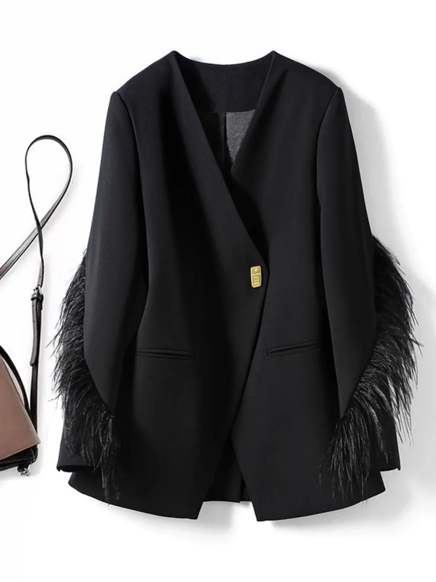 Woman-Vintage-V-collar-Feather-Tassel-Stitching-Blazer-Coat-Black-Loose ...
