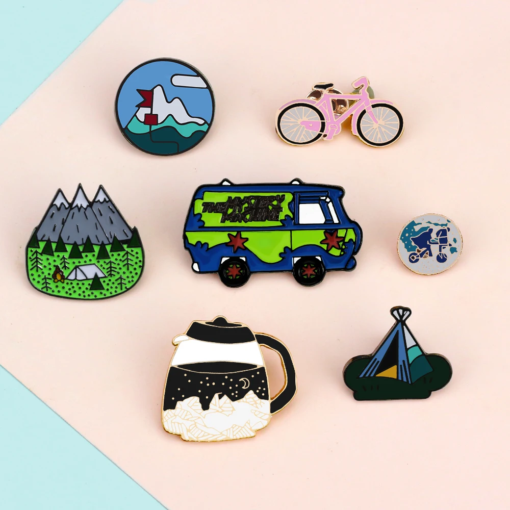 Cartoon Lapel Pins Bicycle Earth Bus Mountain Enamel Brooches Funny ...