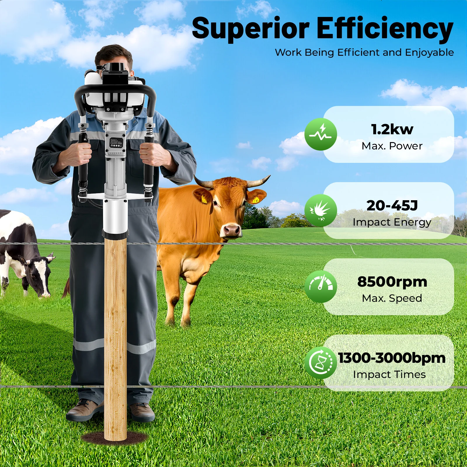 37.7CC Gas Powered T Post Driver 4 Stroke Pile Driver Hammer Fence Post ...