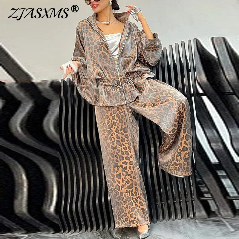 Fashion Leopard Print 2 piece Sets Women Fall Lapel Zipper Drawstring ...