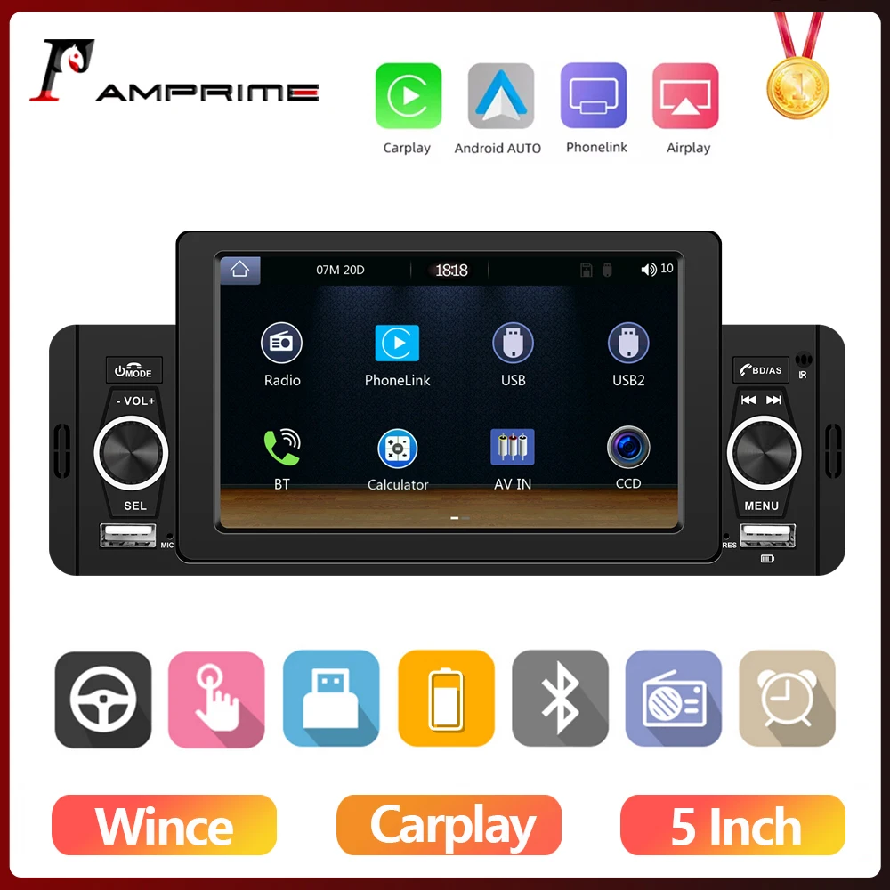 Amprime 5'' 2 Din Car Stereo Radio Mp5 Player Carplay Android Auto ...