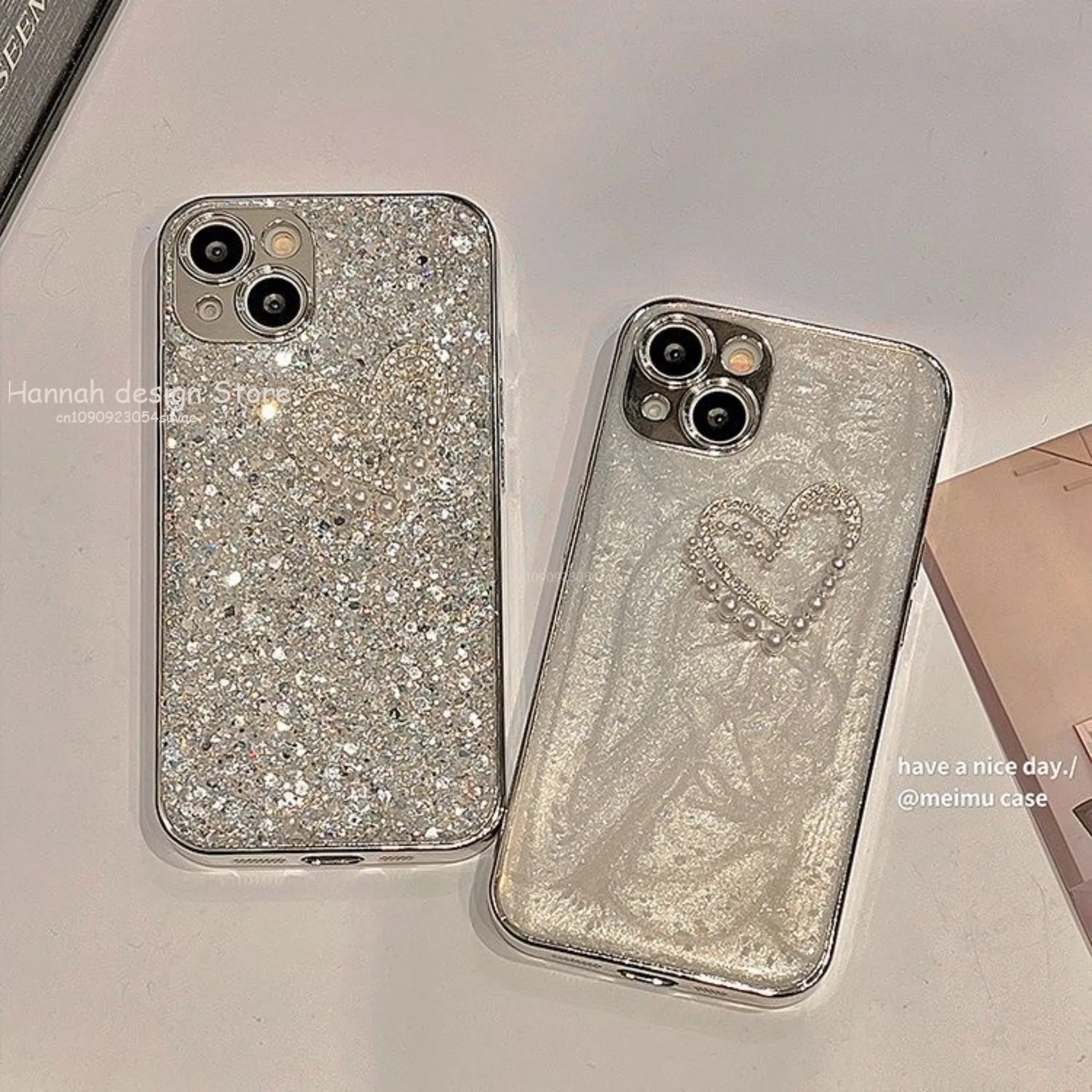Luxury 3D Pearl Heart Phone Case for iPhone 15 14 12 13 Pro Max 11 ...