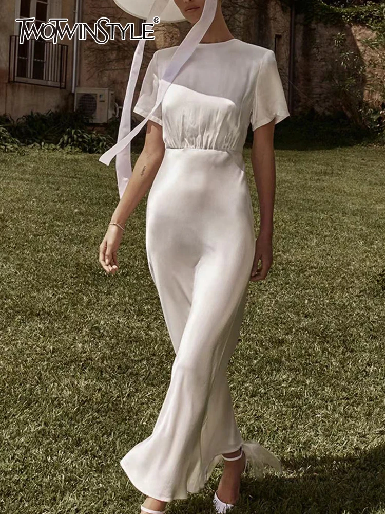 TWOTWINSTYLE 새틴 솔리드 롱 드레스, 여성 라운드넥 반팔, 하이웨이스트 스플라이스 루치드 슬림 드레스, 여성 캐주얼 ...