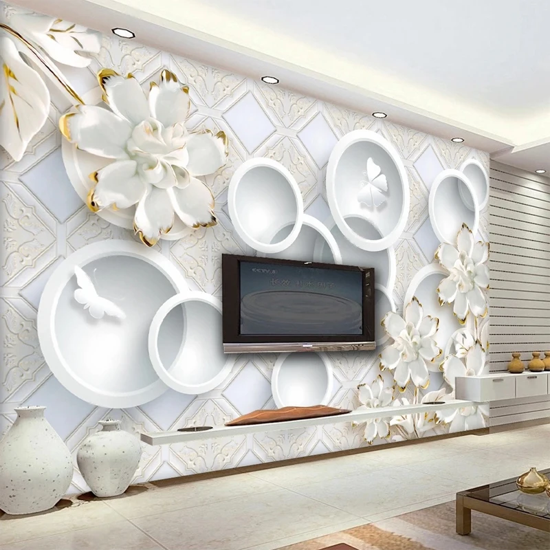 Custom Size Modern Creative 3D Embossed Circle Flowers Photo Wallpaper ...