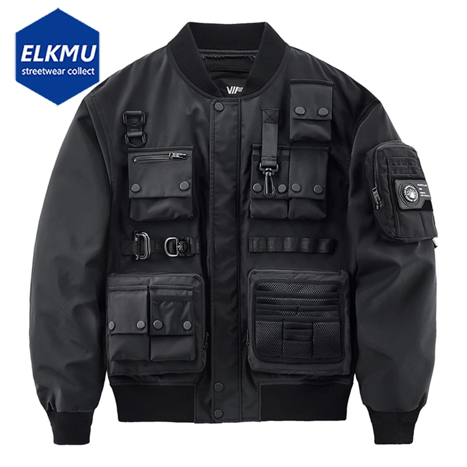 Punk-Hip-Hop-Bomber-Jacket-Compass-Sleeve-Pockets-Ammo-Bags-Button ...