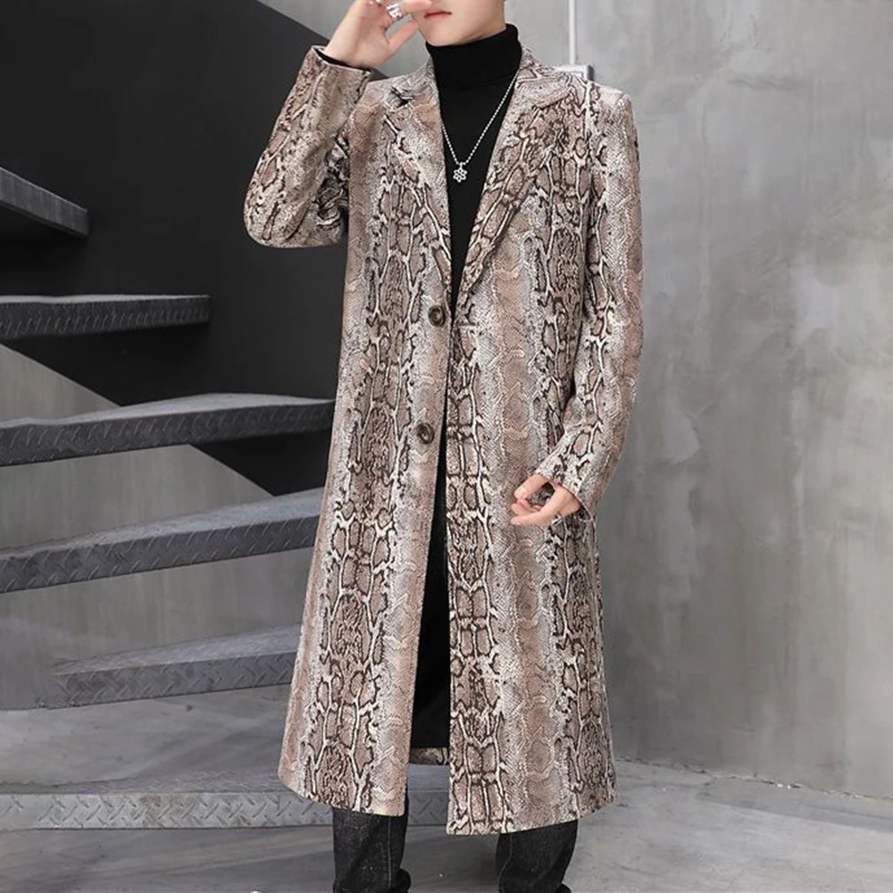 Mens Python Pattern Slim Long Casual Cardigan Coat Autumn Winter ...