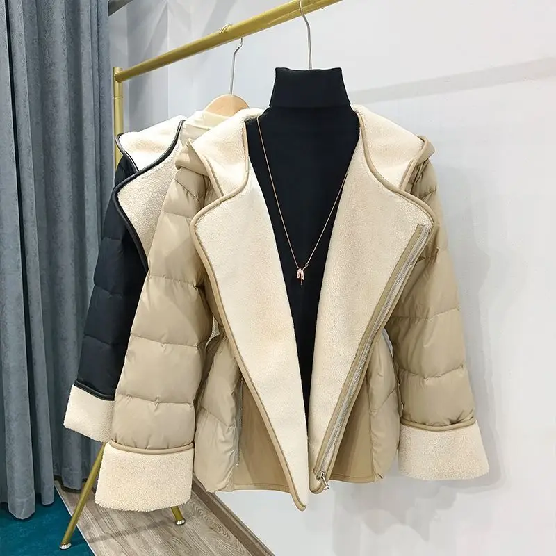 2022 Winter Fur Integrated Hooded Coat Korean Lamb Wool Stitching Short ...