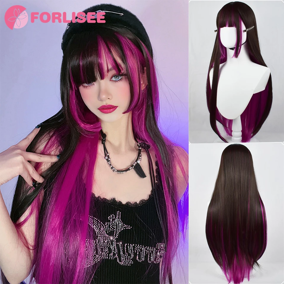 Rose-Red-Long-Straight-Hair-Wig-with-Princess-Cut-Bangs-Synthetic-Women ...