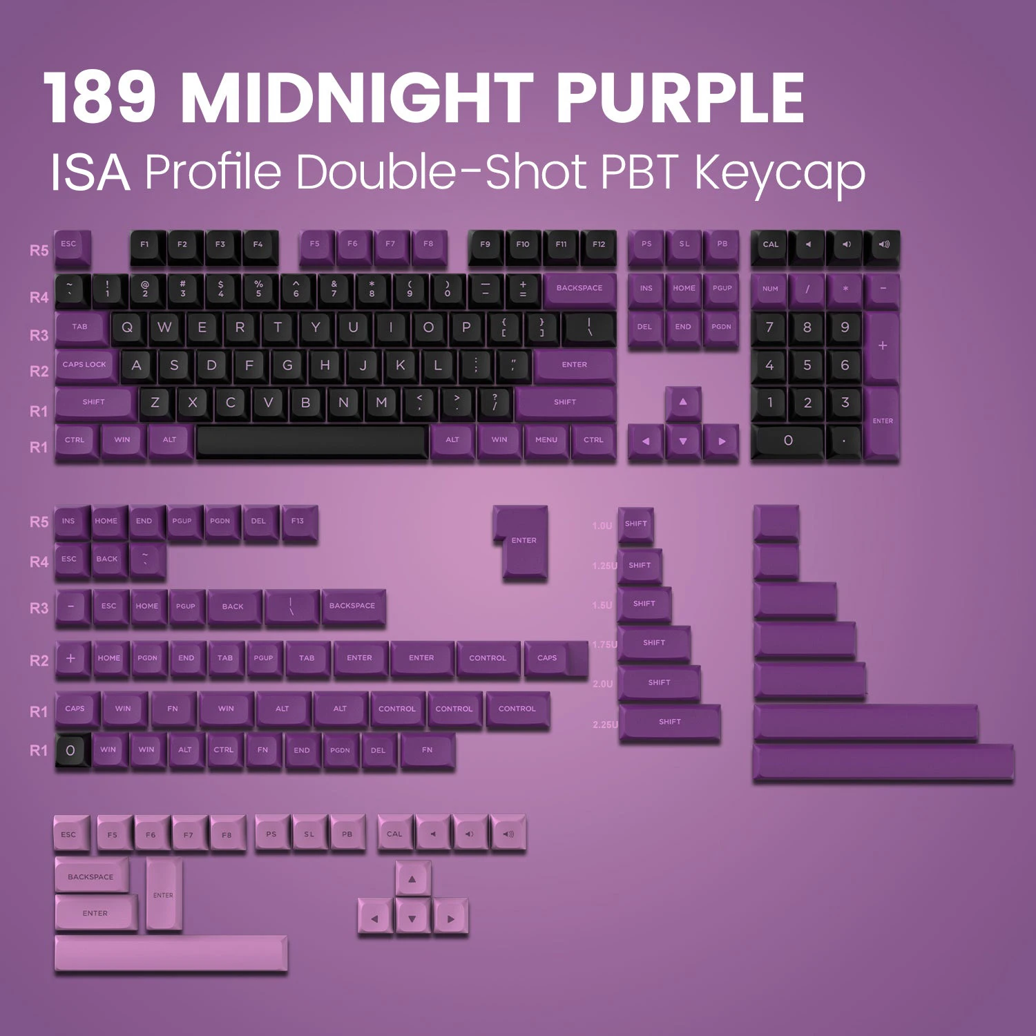 189-Key-PBT-Double-Shot-Key-Cap-Black-on-Purple-ISA-Profile-Keycaps-for ...