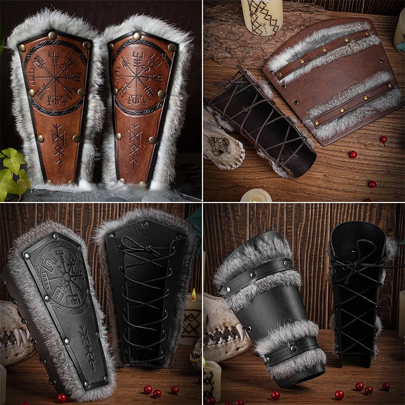Embossed-PU-Leather-Medieval-Viking-Armor-Arm-Gauntlets-Fake-Fur-Bracer ...