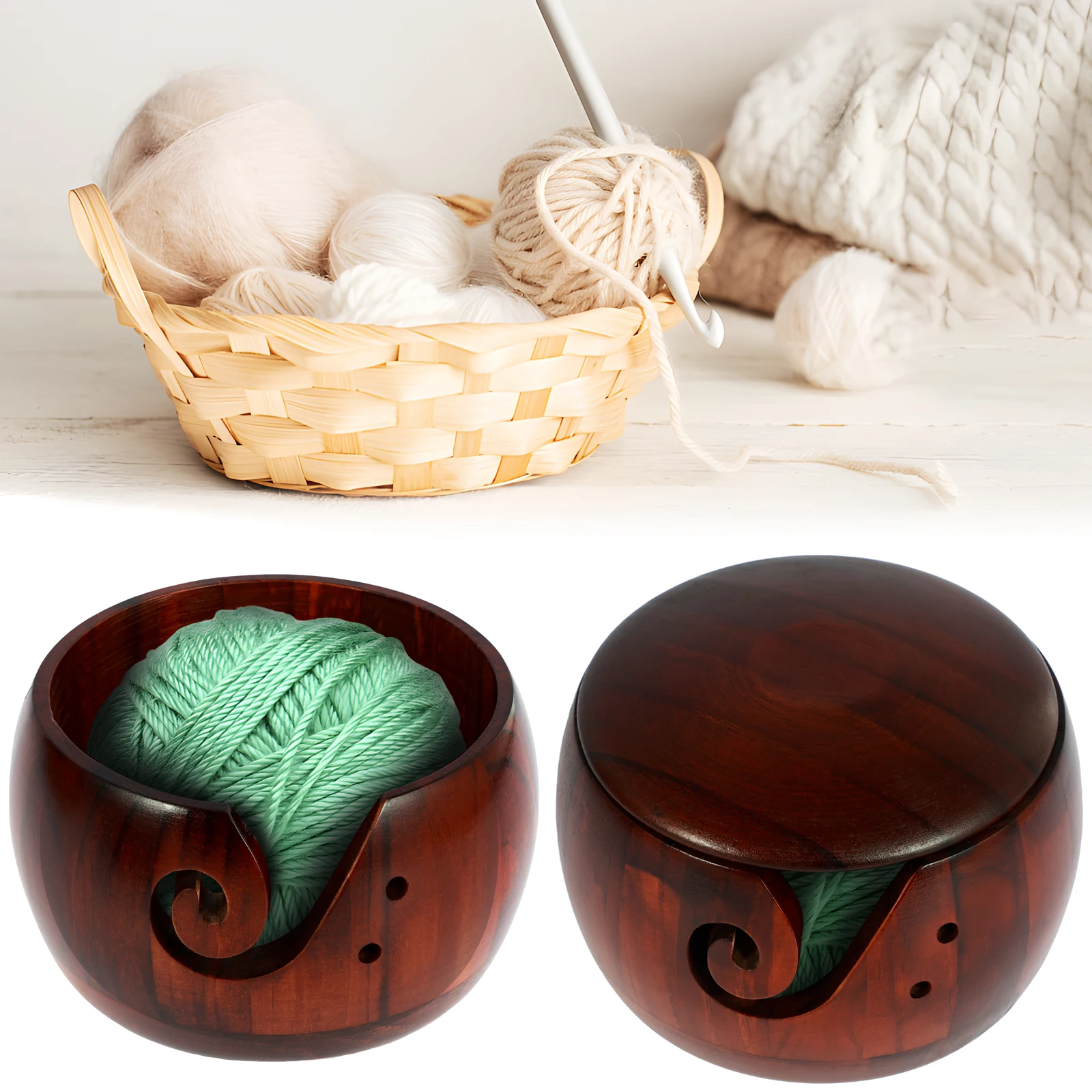 Wooden-Yarn-Bowl-Round-Crochet-Bowl-Holder-with-Holes-Pine-Knitting ...