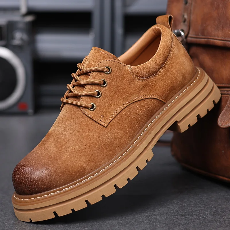 Men's Classic Retro Work Shoes Thick Sole Suede Genuine Leather Mens ...
