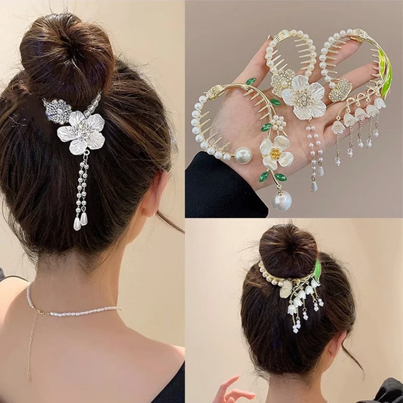 New Flower Tassel Hair Clip Women Elegant Rhinestone Pearl Hair Claw ...